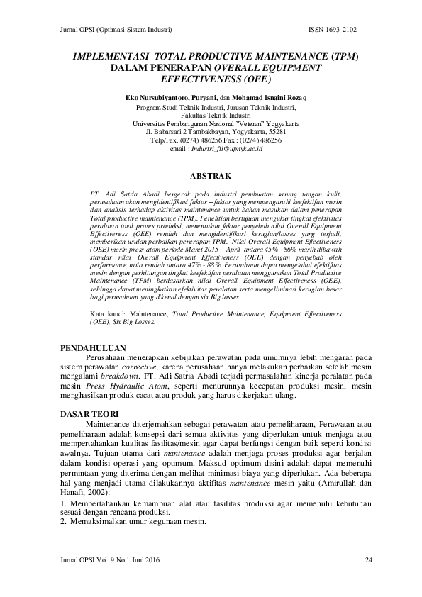 (PDF) Jurnal OPSI (Optimasi Sistem Industri) IMPLEMENTASI TOTAL PRODUCTIVE MAINTENANCE (TPM ...
