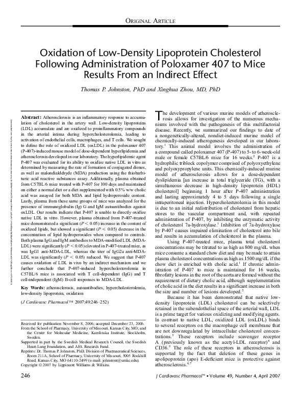(PDF) Oxidation of Low-Density Lipoprotein Cholesterol Following ...