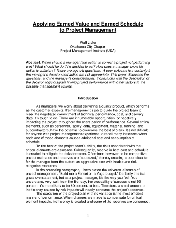 (PDF) Applying Earned Value and Earned Schedule to Project Management