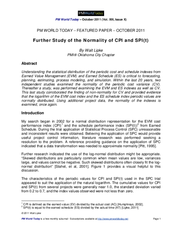 (PDF) Further Study of the Normality of CPI and SPI(t)