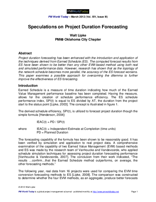 (PDF) Speculations on Project Duration Forecasting
