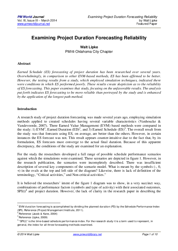 Examining Project Duration Forecasting Reliability
