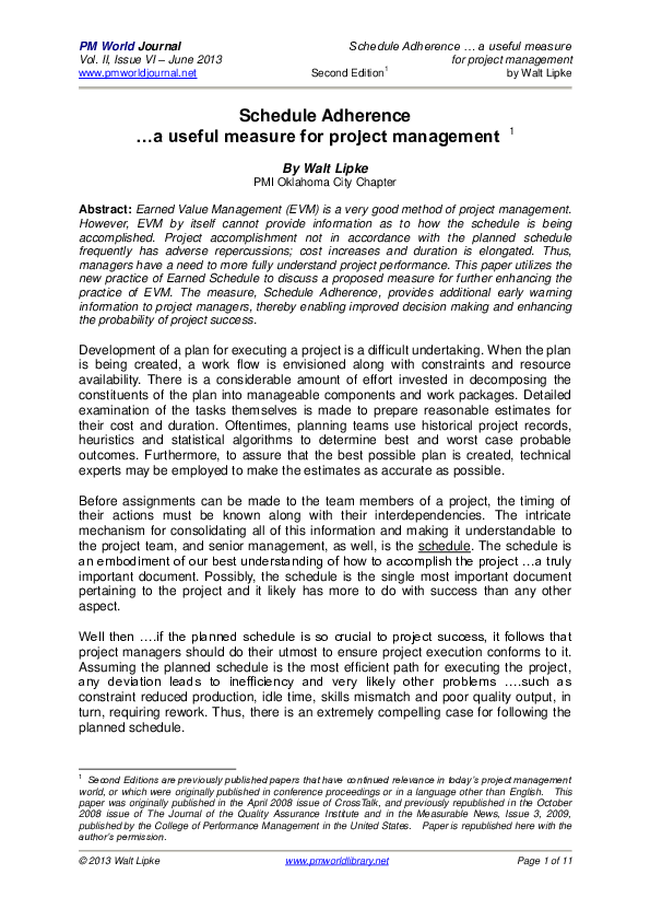 (PDF) Schedule Adherence: A Useful Measure for Project Management ...