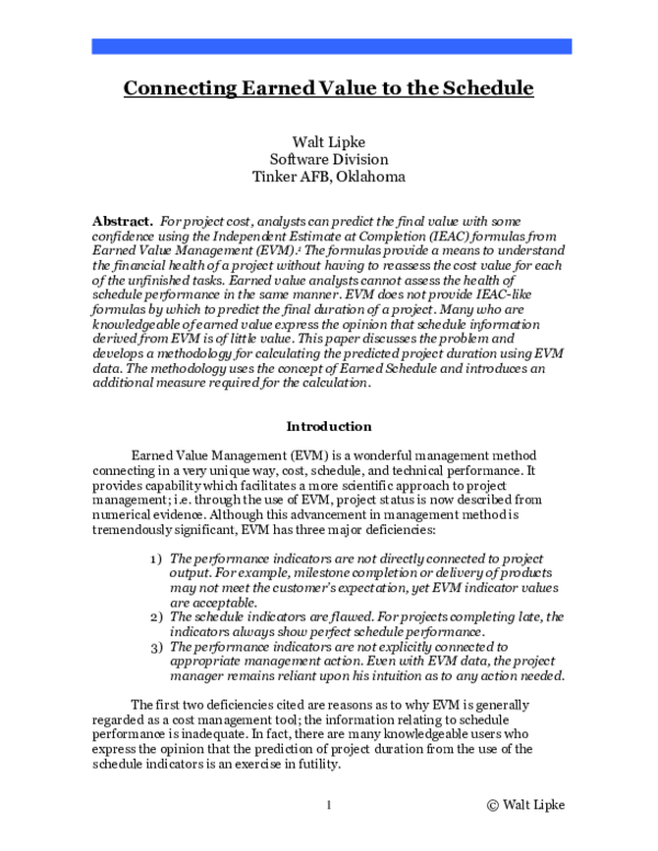 (PDF) © Walt Lipke 1 Connecting Earned Value to the Schedule