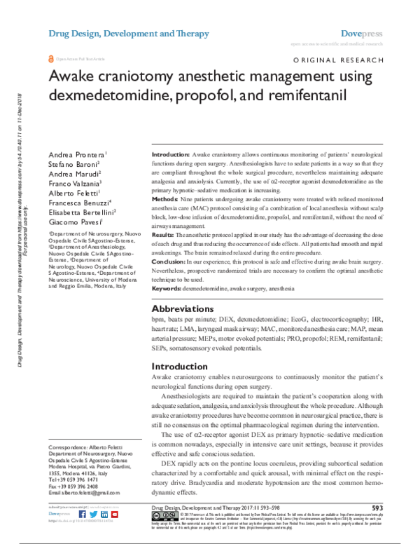 (PDF) Awake craniotomy anesthetic management using dexmedetomidine, propofol, and remifentanil