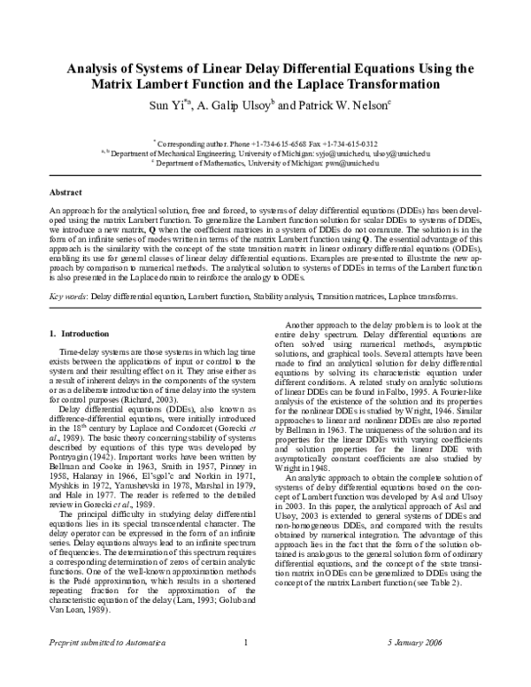 (PDF) Analysis of systems of linear delay differential equations using the matrix Lambert ...