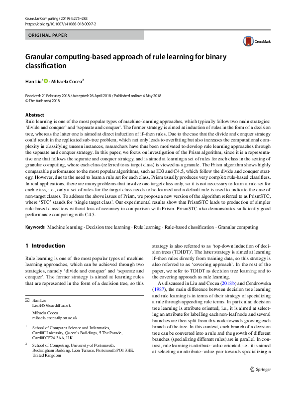 Pdf Granular Computing Based Approach Of Rule Learning For Binary Classification Mihaela