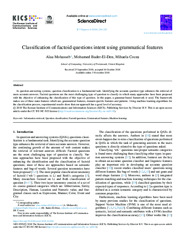 (PDF) Classification of factoid questions intent using grammatical features