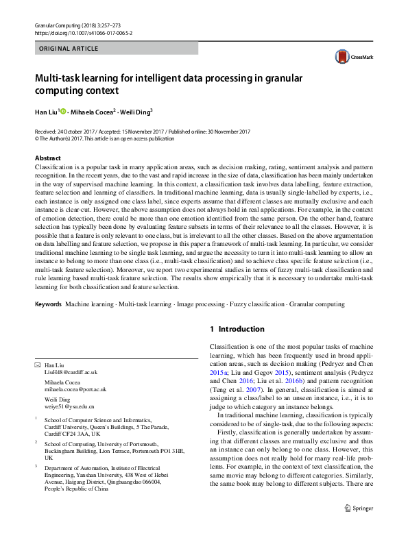 Pdf Multi Task Learning For Intelligent Data Processing In Granular Computing Context