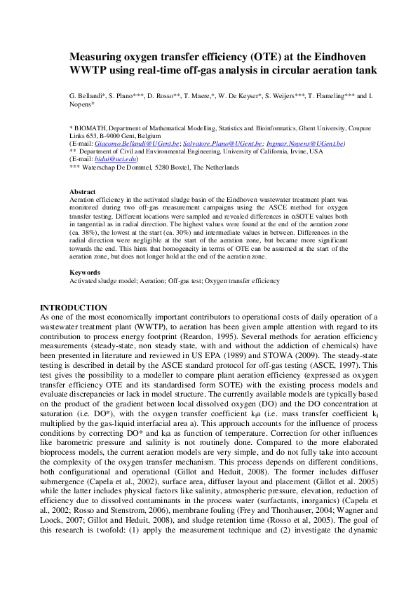 (PDF) Measuring oxygen transfer efficiency (OTE) at the Eindhoven WWTP ...