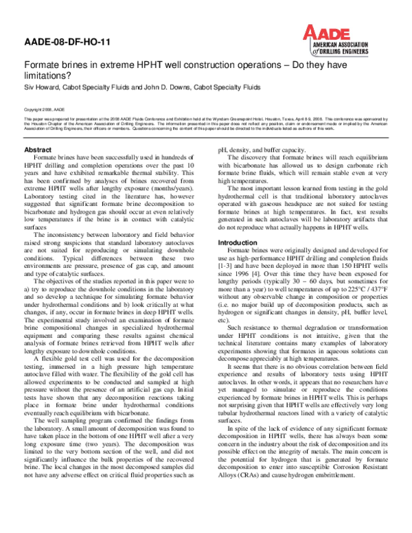 (PDF) AADE-08-DF-HO-11 Formate brines in extreme HPHT well construction operations – Do they ...
