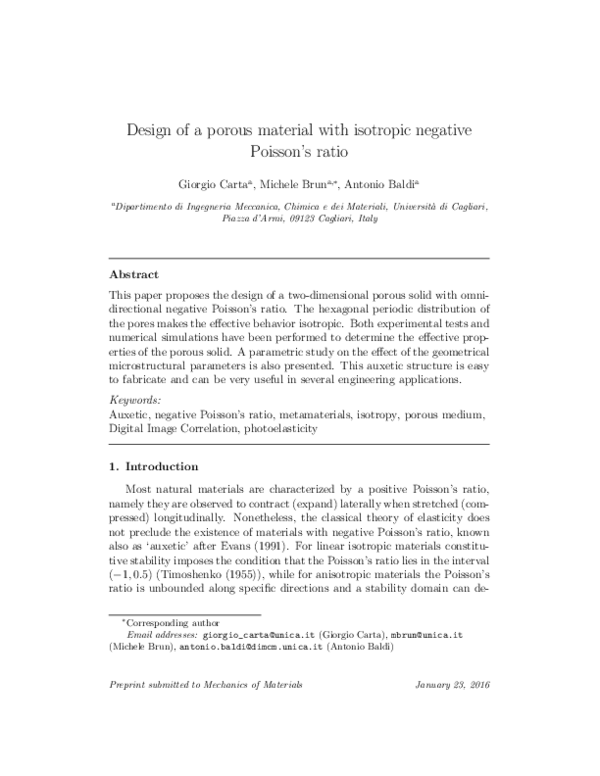 (PDF) Design of a porous material with isotropic negative Poisson’s ratio
