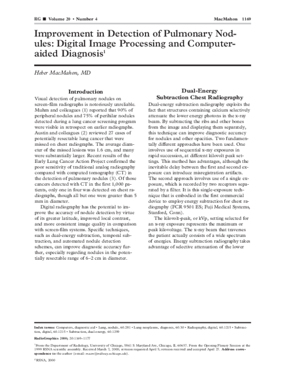 (PDF) Improvement in Detection of Pulmonary Nodules: Digital Image Processing and Computer-aided ...