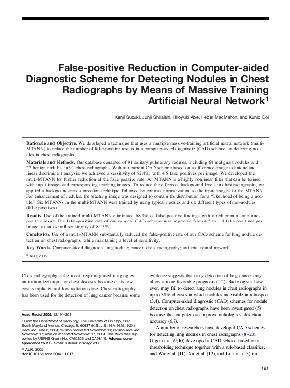 (PDF) False-positive reduction in computer-aided diagnostic scheme for detecting nodules in ...