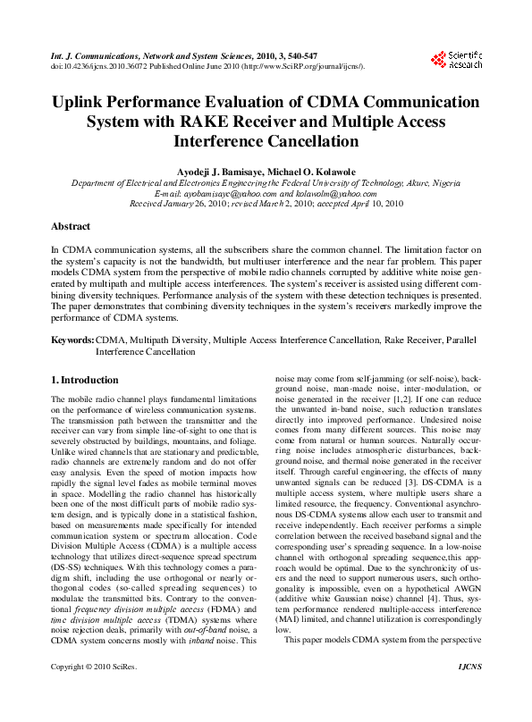 Pdf Uplink Performance Evaluation Of Cdma Communication System With Rake Receiver And Multiple