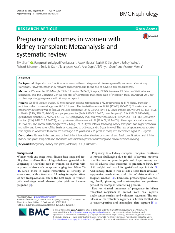 (PDF) Pregnancy outcomes in women with kidney transplant: Metaanalysis ...