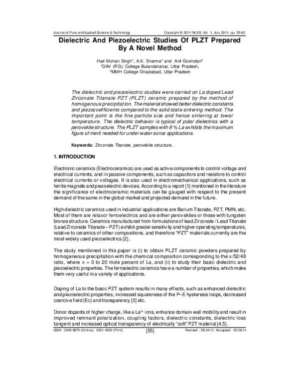 (PDF) Dielectric And Piezoelectric Studies Of PLZT Prepared By A Novel ...