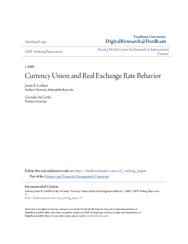 (PDF) Currency Union and Real Exchange Rate Behavior