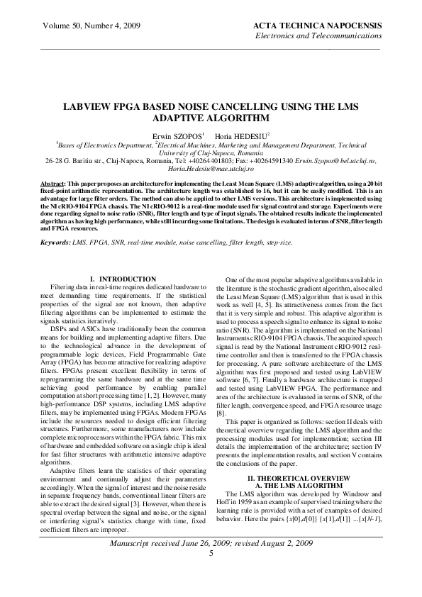 (PDF) Labview Fpga Based Noise Cancelling Using the LMS Adaptive Algorithm