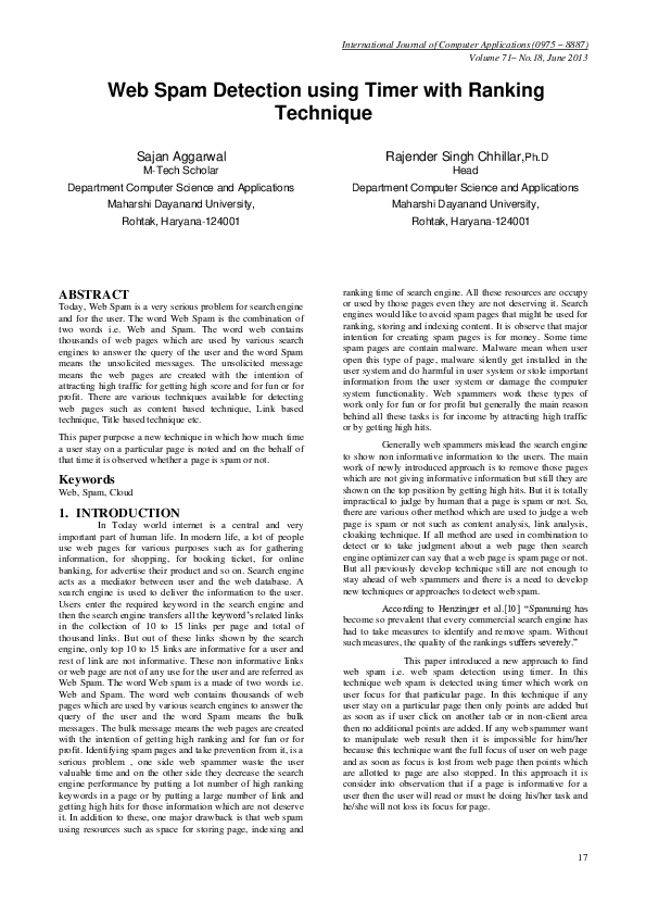 (PDF) Web Spam Detection using Timer with Ranking Technique