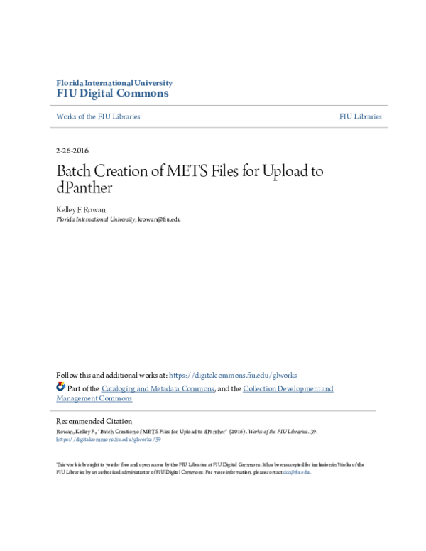 (PDF) Batch Creation of METS Files for Upload to dPanther