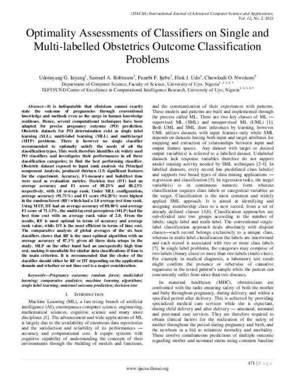 (PDF) Optimality Assessments of Classifiers on Single and Multi-labelled Obstetrics Outcome ...