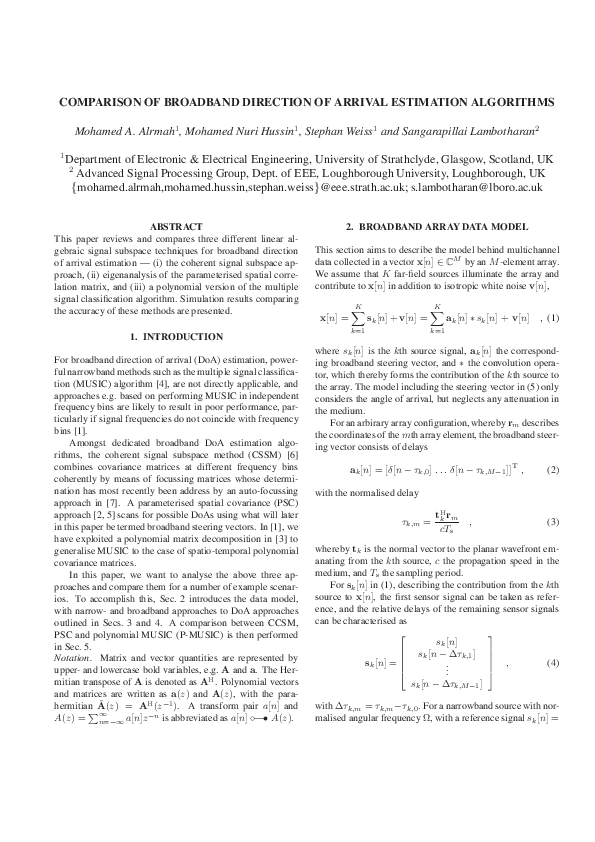 Pdf Comparison Of Broadband Direction Of Arrival Estimation Algorithms Mohamed Alrmah
