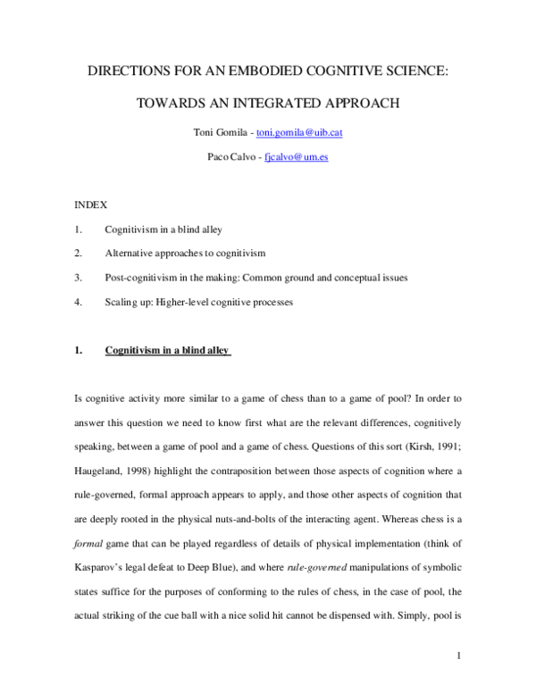 (PDF) For an Embodied Cognitive Science : Towards an Integrated Approach