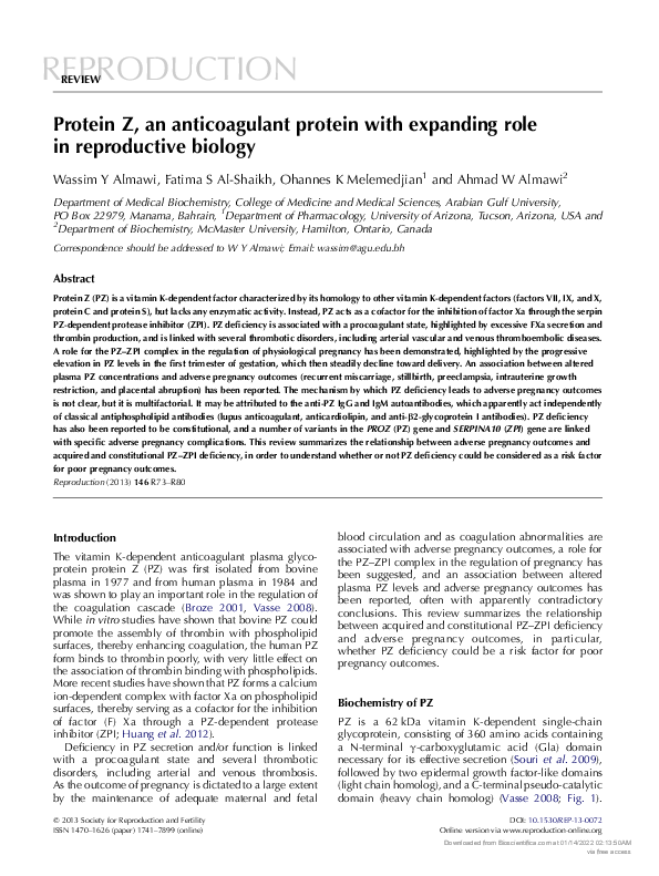 (PDF) Protein Z, an anticoagulant protein with expanding role in ...
