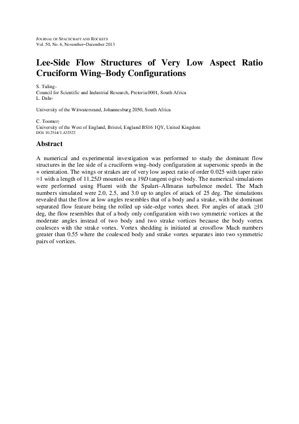 (PDF) Lee-Side Flow Structures of Very Low Aspect Ratio Cruciform Wing ...
