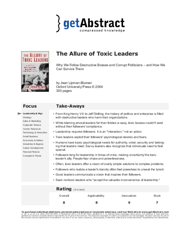 (PDF) The allure of toxic leaders : why we follow destructive bosses ...