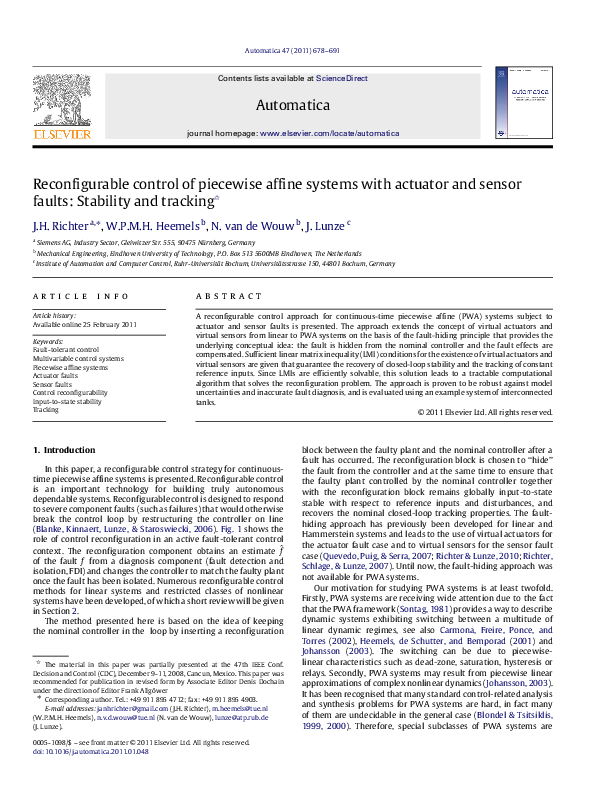 (PDF) Reconfigurable control of piecewise affine systems with actuator and sensor faults ...