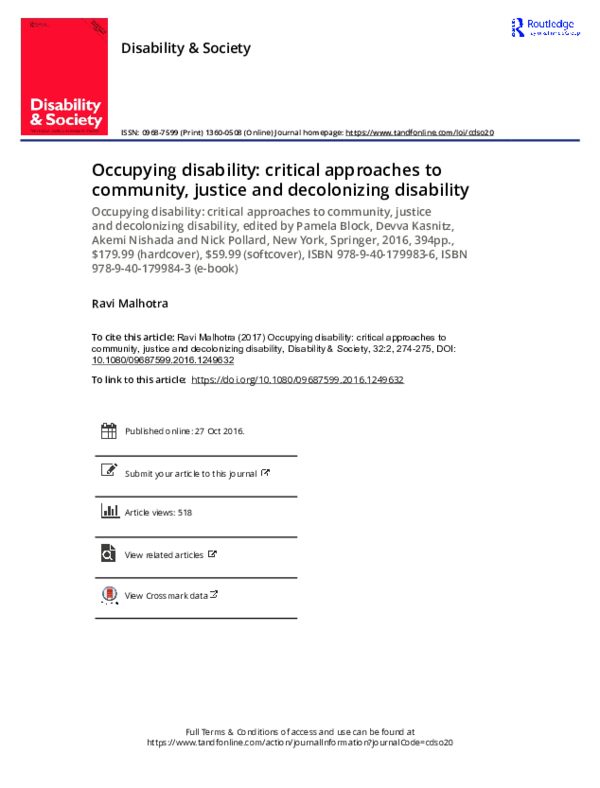 (PDF) Occupying Disability: Critical Approaches to Community, Justice ...