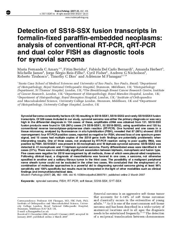 (PDF) Detection of SS18-SSX fusion transcripts in formalin-fixed paraffin-embedded neoplasms ...
