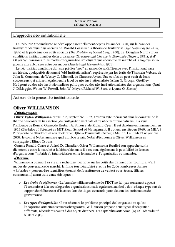 (PDF) L’approche néo-institutionnelle (Résumé d'un cours) - Réalisé par : Naima Lgarch