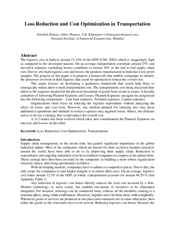 (PDF) Loss Reduction and Cost Optimization in Transportation
