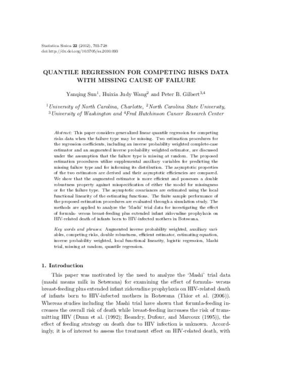 (PDF) Quantile regression for competing risks data with missing cause of failure." Statist