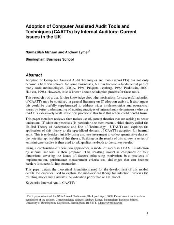 (PDF) 1 Adoption of Computer Assisted Audit Tools and Techniques (CAATTs) by Internal Auditors ...