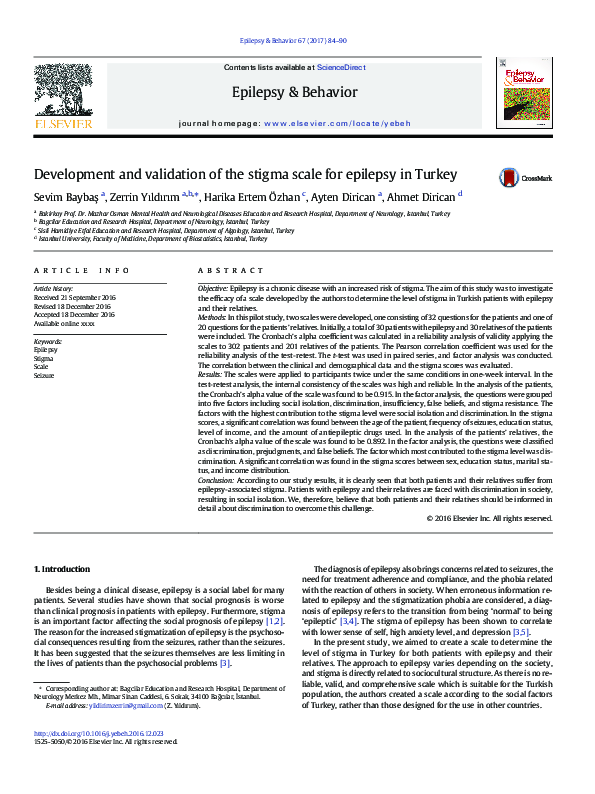 (PDF) Development and validation of the stigma scale for epilepsy in Turkey