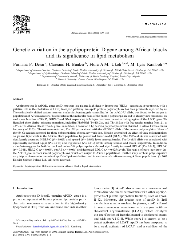 (PDF) Genetic variation in the apolipoprotein D gene among African ...