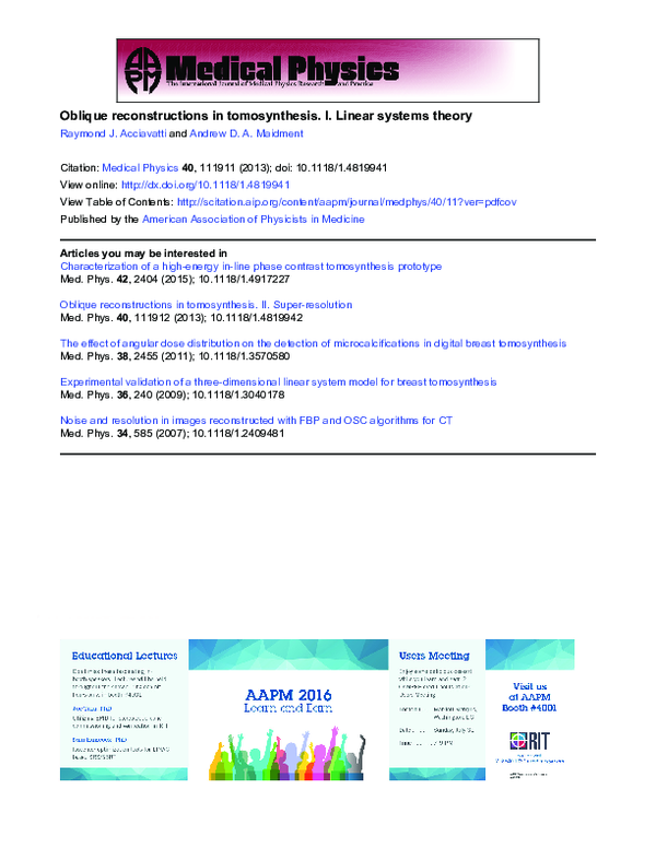 (PDF) Oblique reconstructions in tomosynthesis. I. Linear systems theory