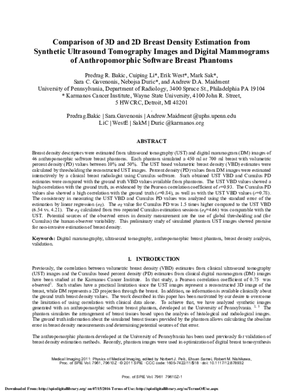 (PDF) Comparison of 3D and 2D breast density estimation from synthetic ...