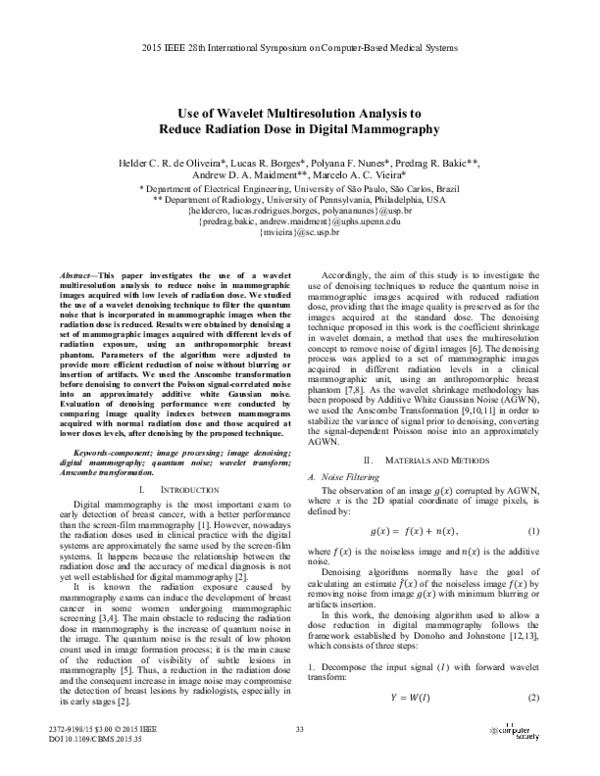 (PDF) Use of Wavelet Multiresolution Analysis to Reduce Radiation Dose in Digital Mammography ...