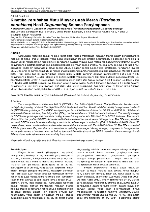 (PDF) Quality Change of Degummed Red Fruit ( Pandanus conoideus ) Oil ...