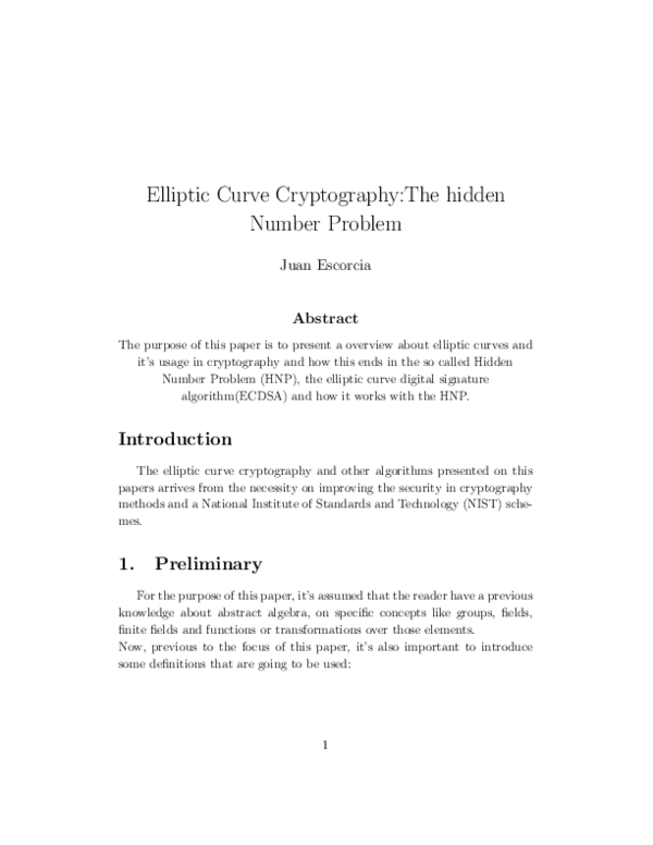 (PDF) Elliptic Curve Cryptography: The hidden Number Problem