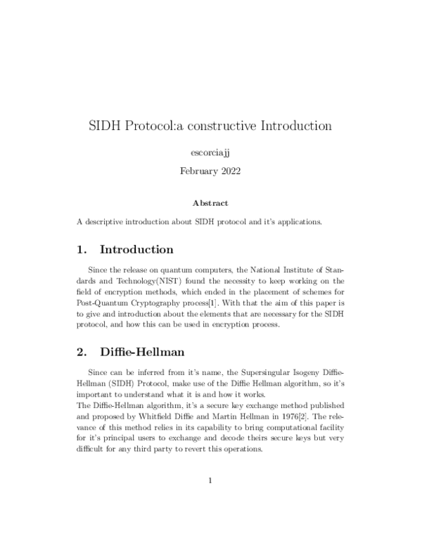 (PDF) SIDH Protocol an Introduction