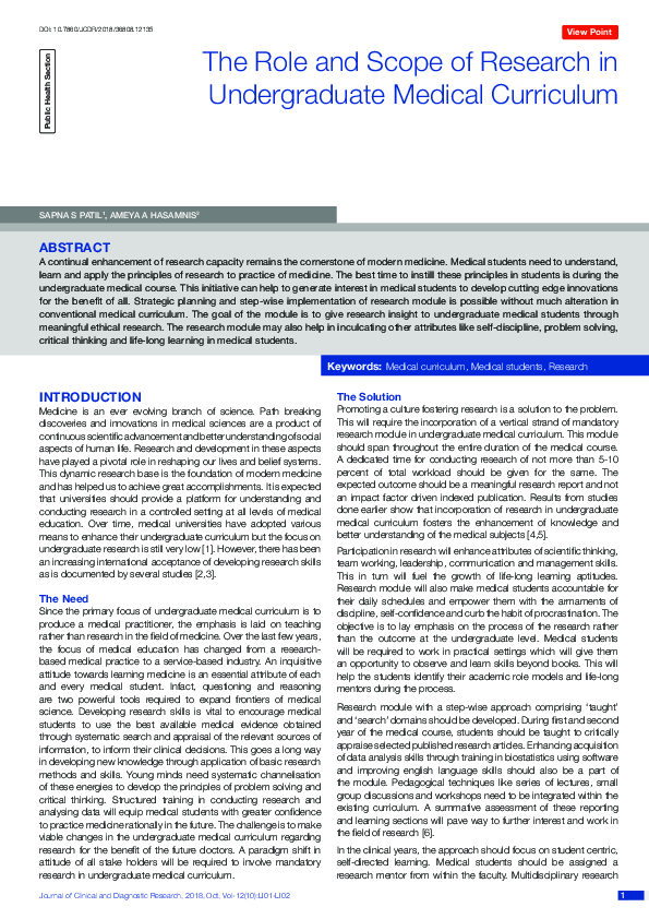 (PDF) The Role and Scope of Research in Undergraduate Medical Curriculum