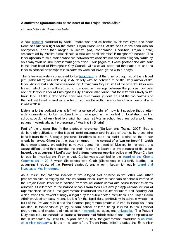 (DOC) A cultivated ignorance sits at the heart of the Trojan Horse Affair