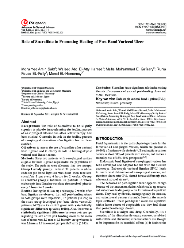 (PDF) Role of Sucralfate in Promoting Healing of Post Band Variceal Ulcer