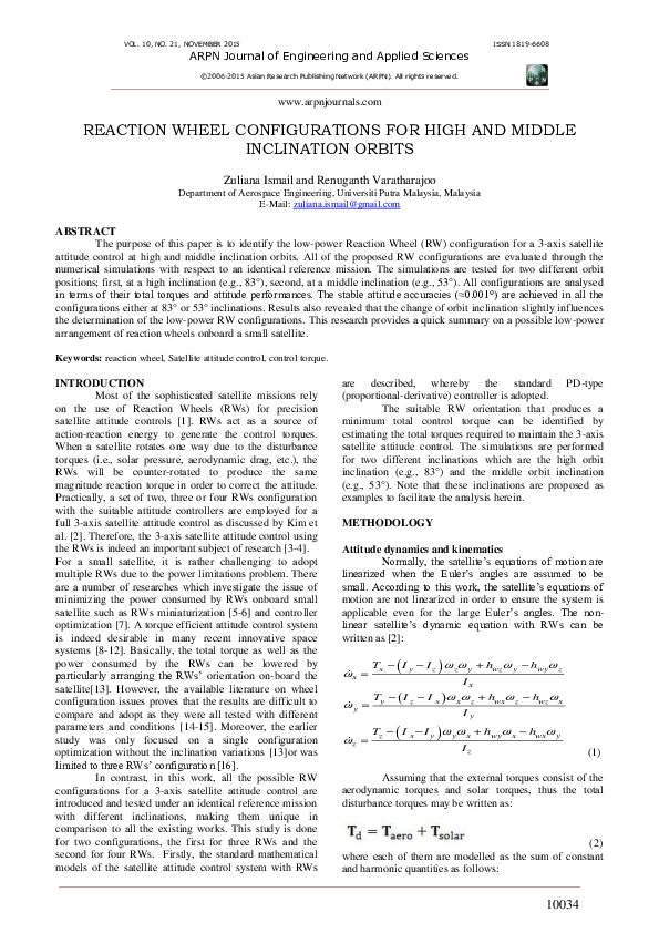 (PDF) Reaction Wheel Configurations for High and Middle Inclination Orbits
